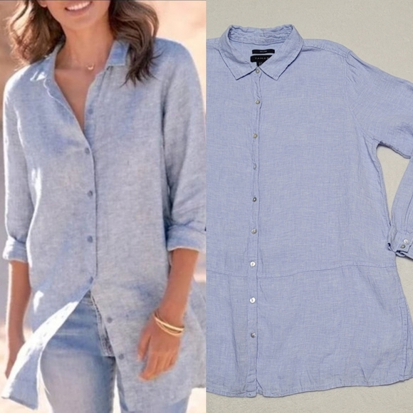 Tahari | Tops | Tahari Blue Linen Long Sleeve Pointed Collar Paneled ...
